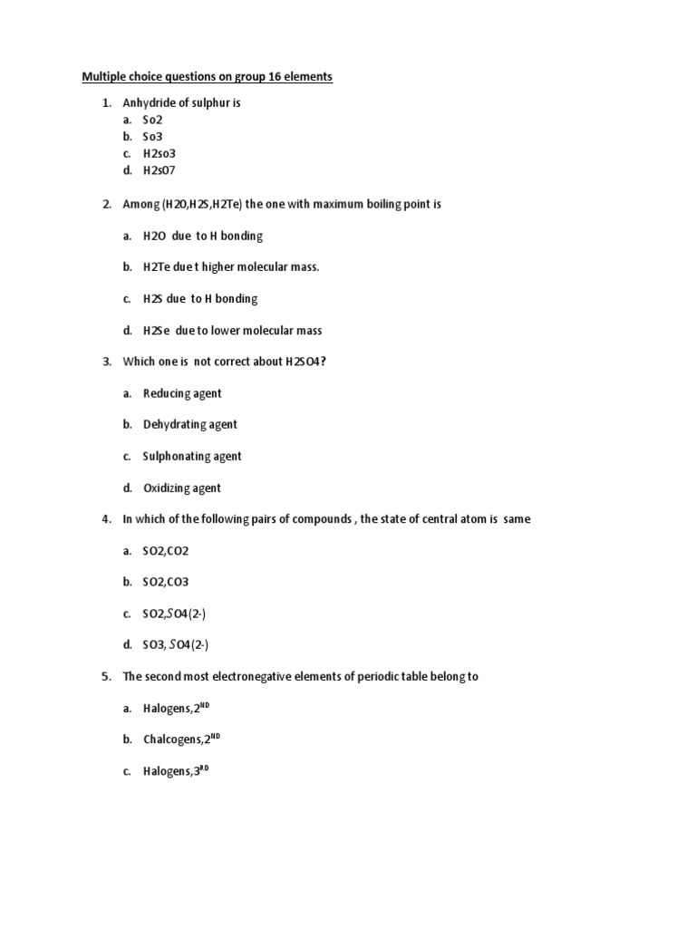 Group 16 Elements MCQs and Answers | PDF