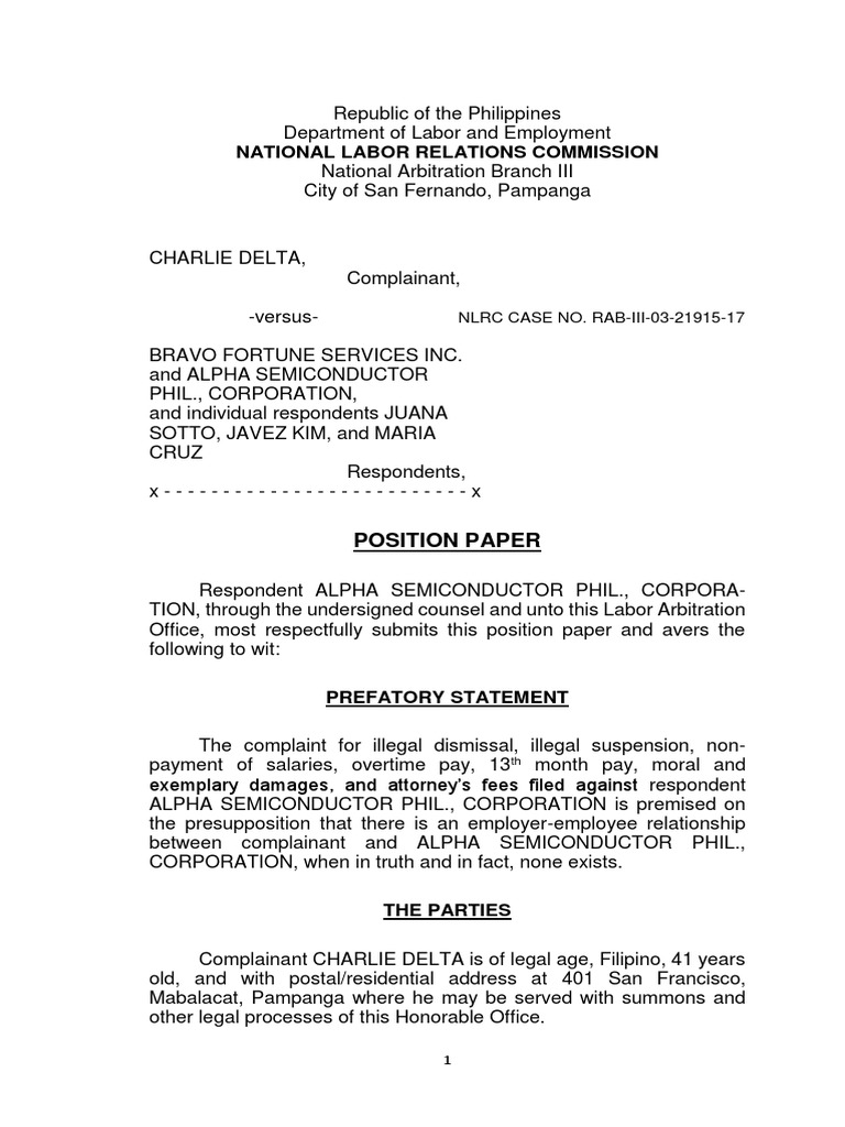 Sample Position Paper | PDF | Overtime | Employment