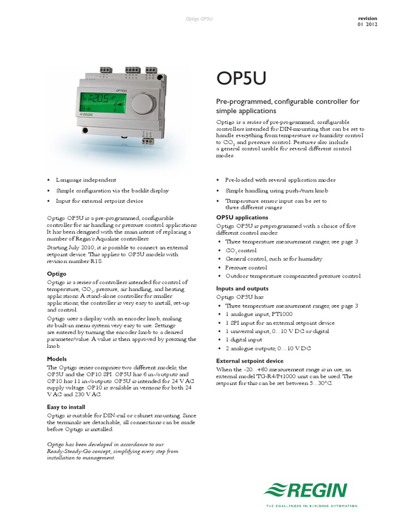 Regin Optigo OP5U Preprogrammed Controller | PDF | Menu (Computing) | Hvac