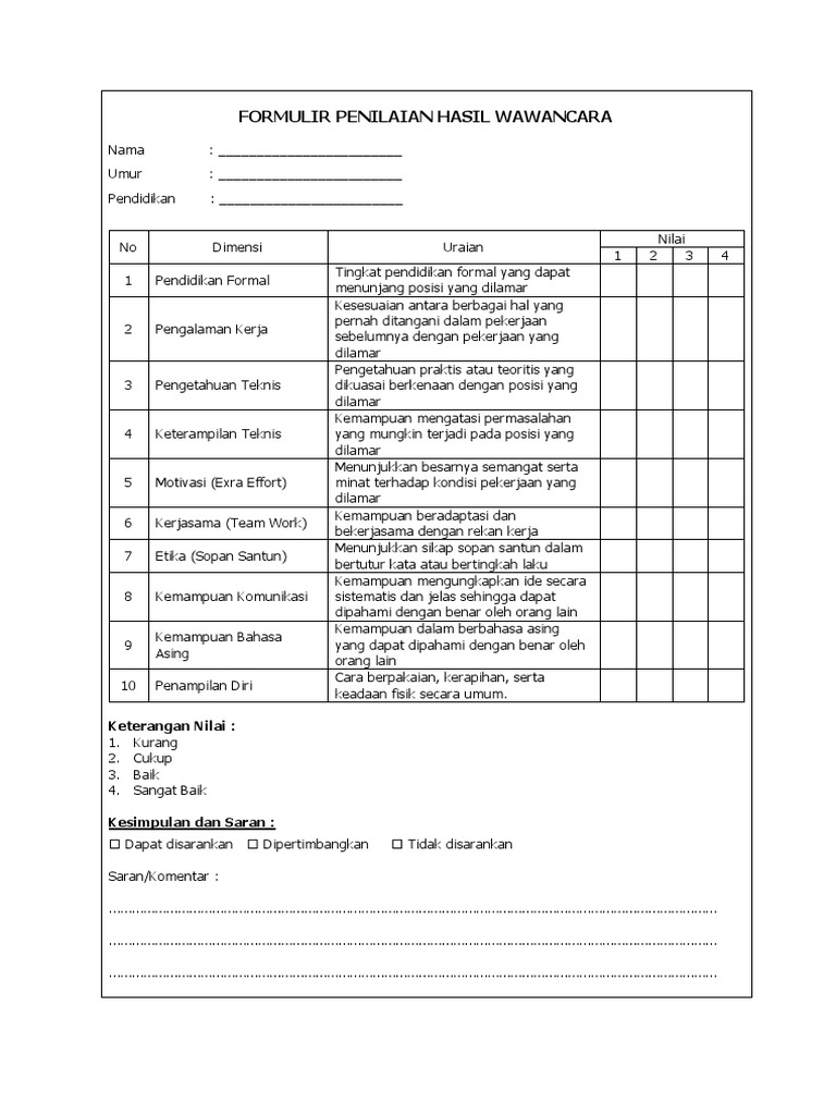 Format Penilaian Tes Wawancara Senang Soal - Riset