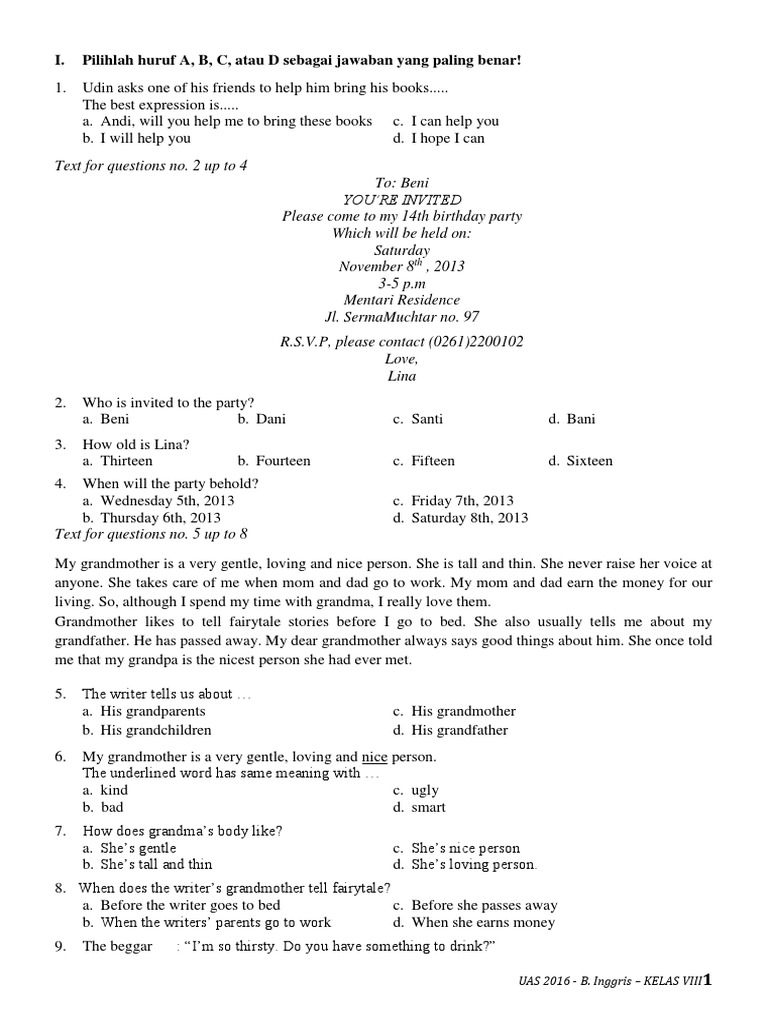 Soal PG Kelas VIII Sem 1 | PDF | Grandparent