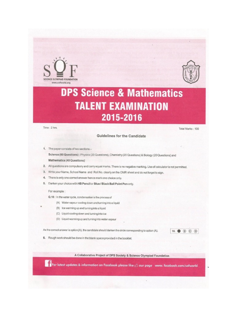 DPS Science & Mathematics TALENT EXAMINATION Sample Paper | PDF ...