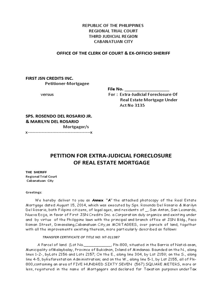 Petition for Extrajudicial Foreclosure | PDF | Mortgage Law | Foreclosure