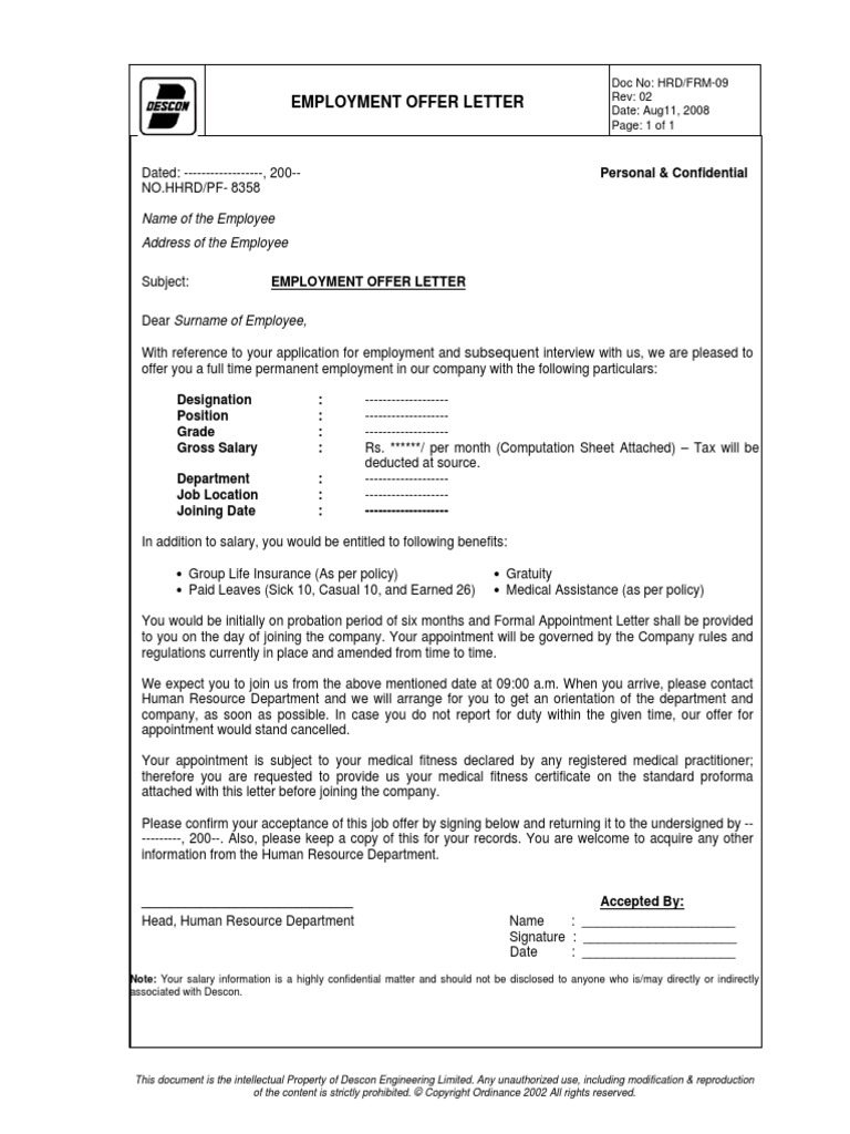 009 - HRD-FRM-09 Emp Offer Letter | PDF | Employment | Salary