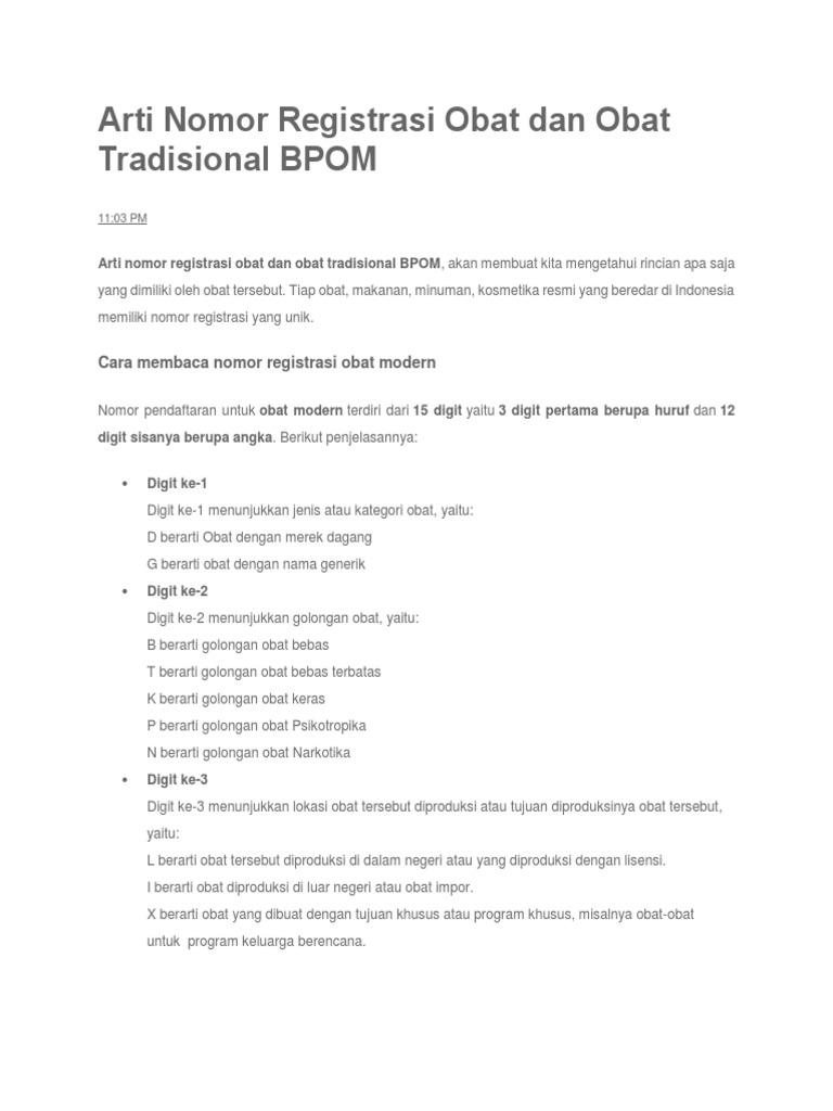 Arti Nomor Registrasi Obat Dan Obat Tradisional BPOM | PDF