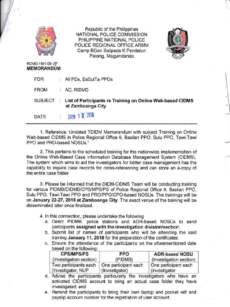 List of Participants Re Training On Online Web Based CIDMS at Zamboanga ...
