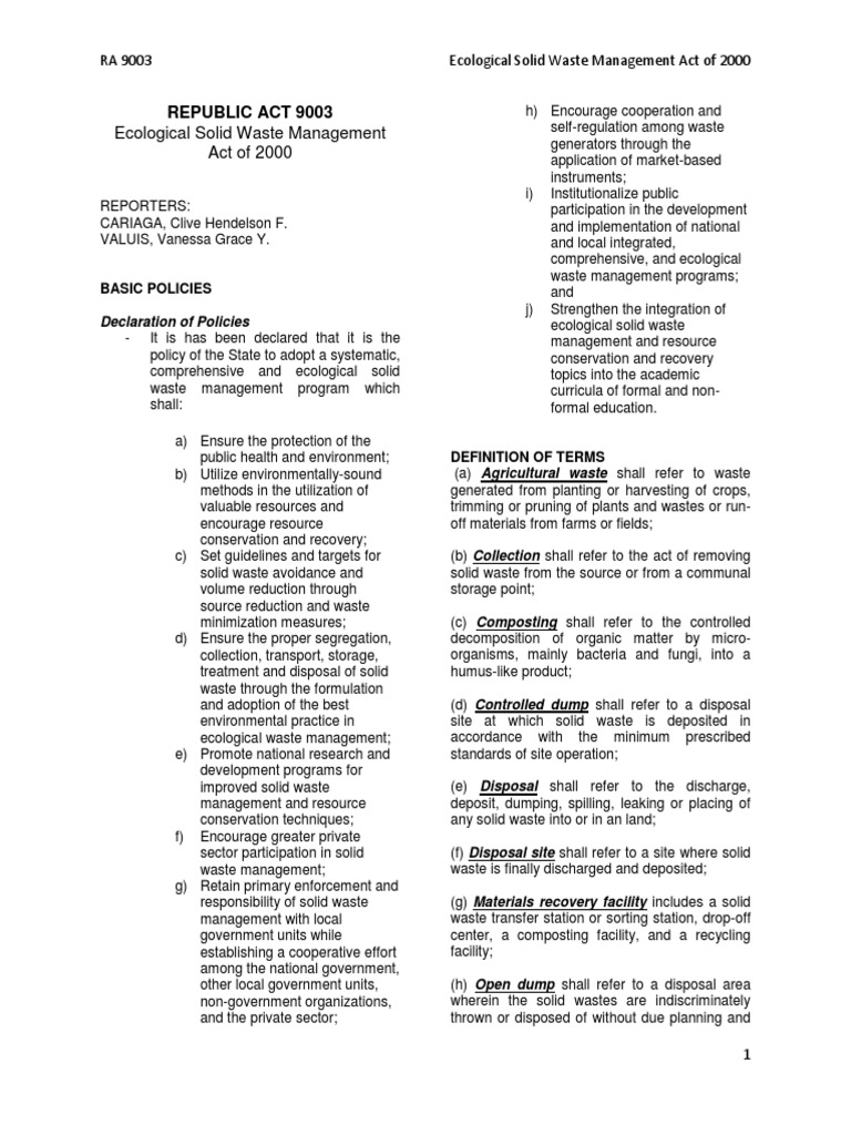 Ecological Solid Waste Management Act of 2000 - Handout | PDF | Waste ...