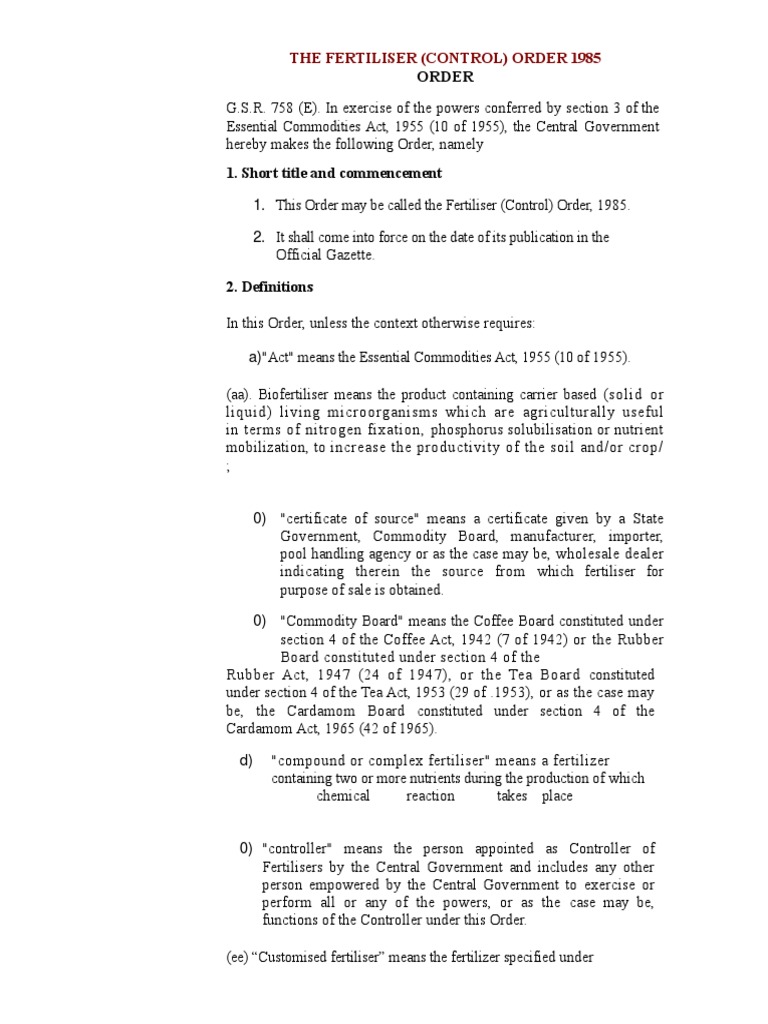 Fertiliser (Control) Order, 1985 | PDF | Controlled Substances Act ...
