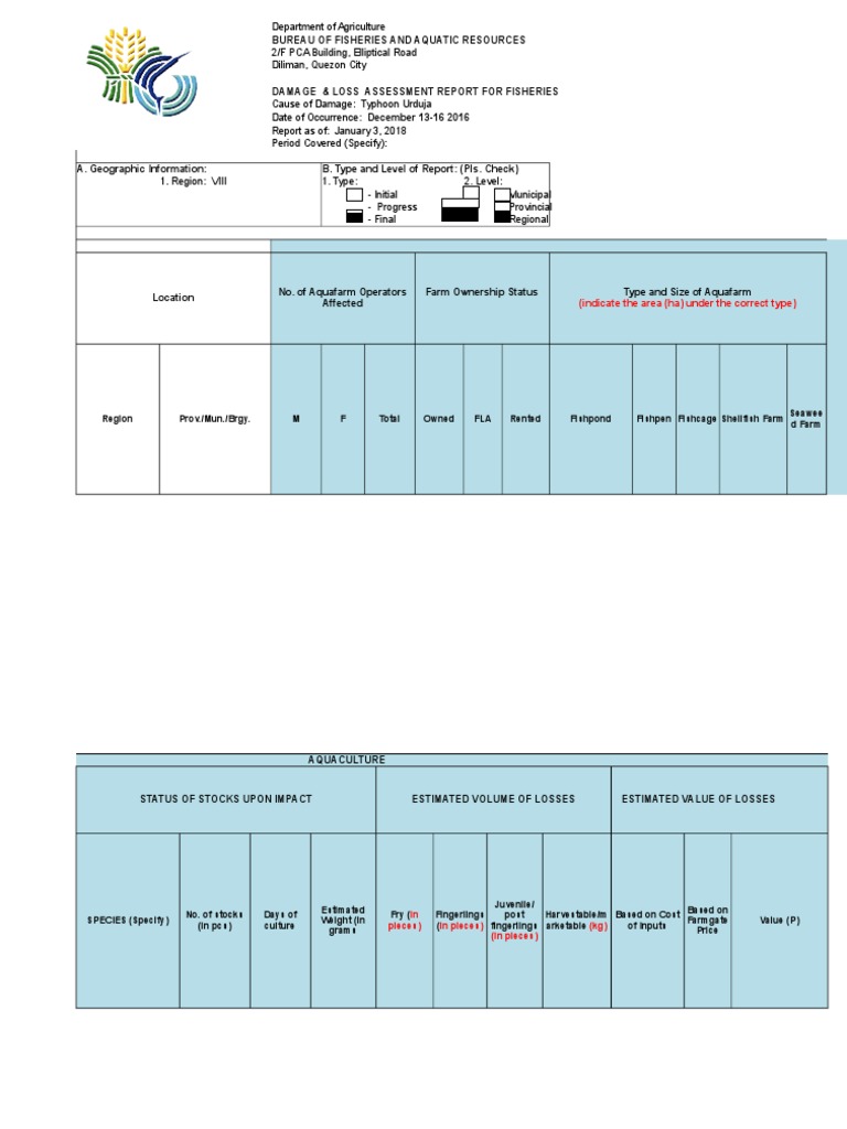 R8 BFAR Damage and Loss Assessment (DALA) Form Typhoon Urduja | PDF ...
