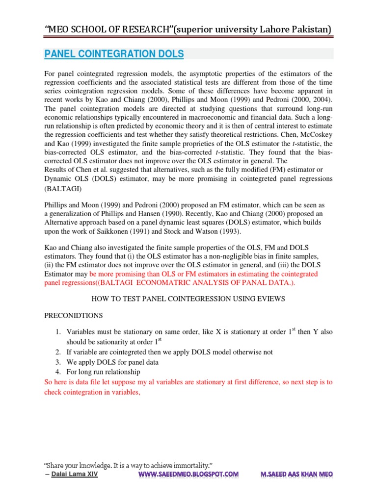 Panel Cointegration Test in Eviews | PDF | Ordinary Least Squares ...