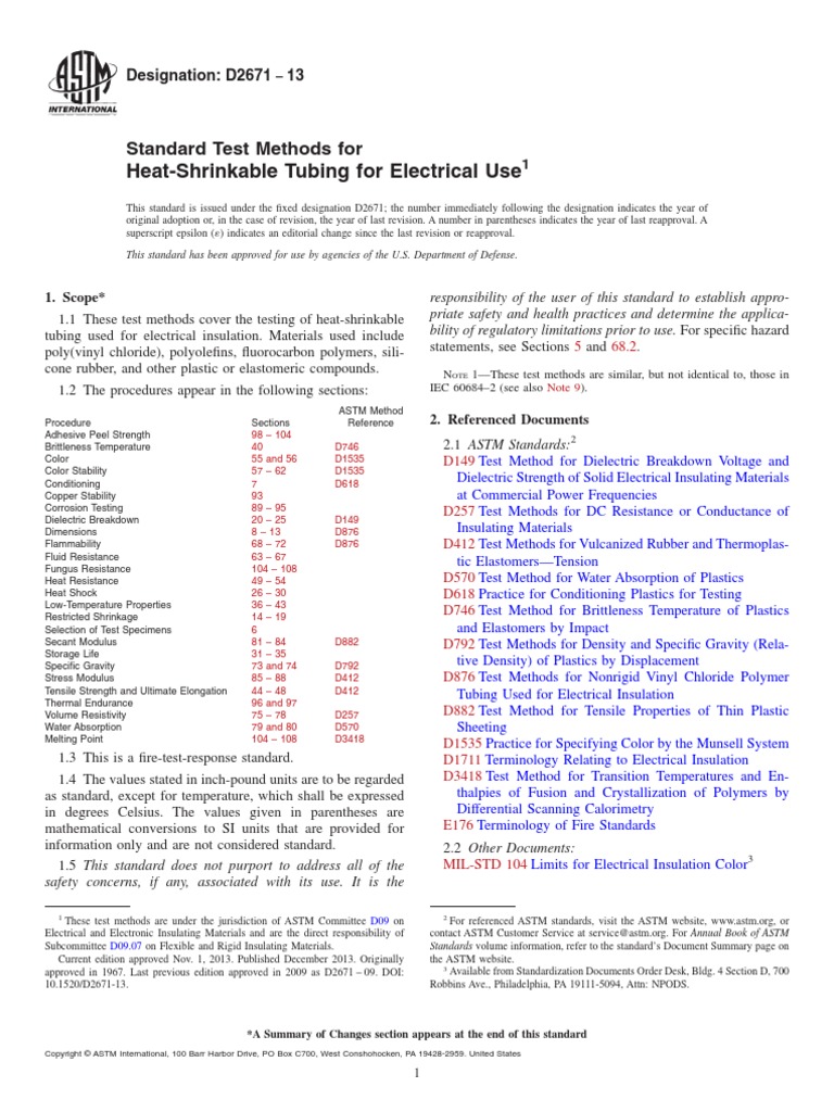 D2671-13 Standard Test Methods For Heat-Shrinkable Tubing For ...