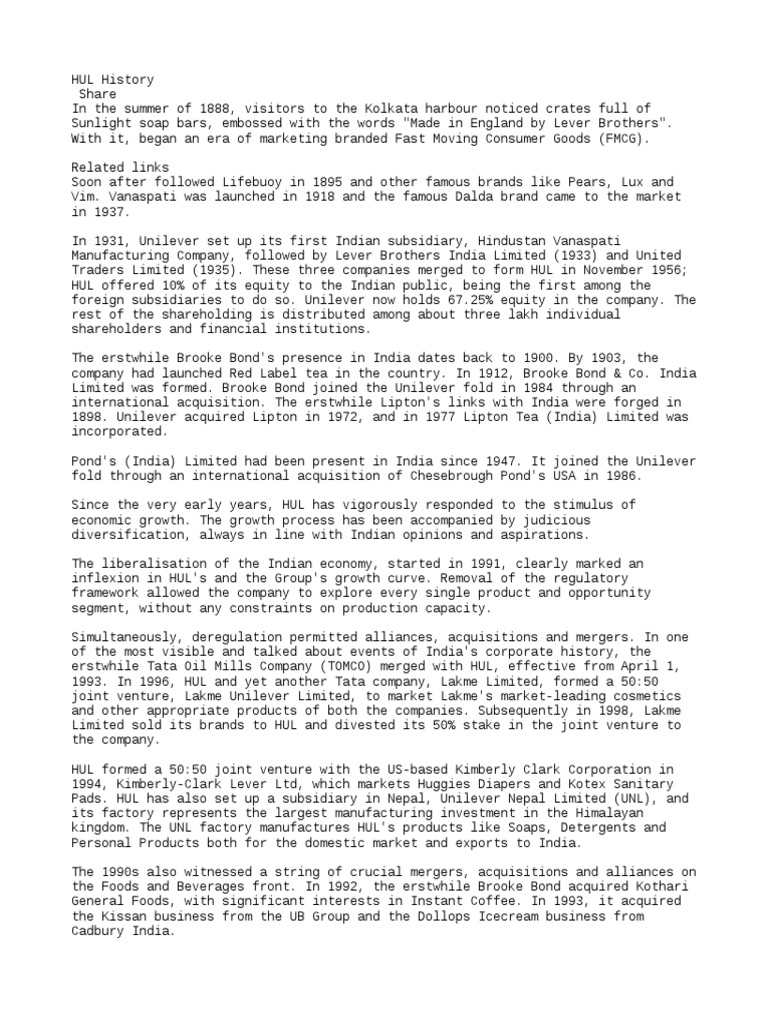 HUL History | PDF | Unilever | Companies