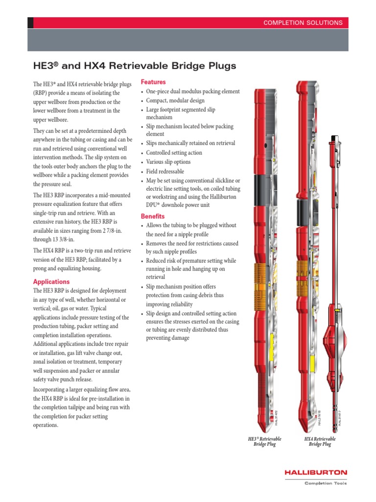 HE3 and HX4 Retrievable Bridge Plugs: Features | PDF | Mechanical Engineering | Manufactured Goods
