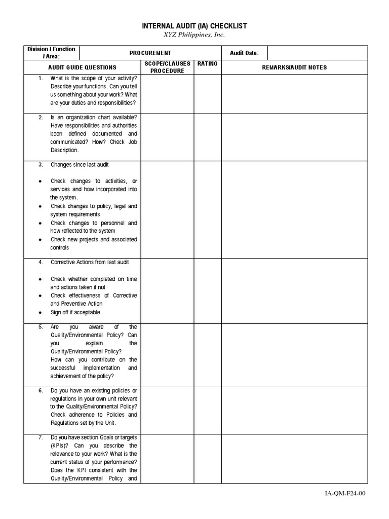 IMS Internal Audit Checklist - Sample | PDF | Audit | Competence (Human ...