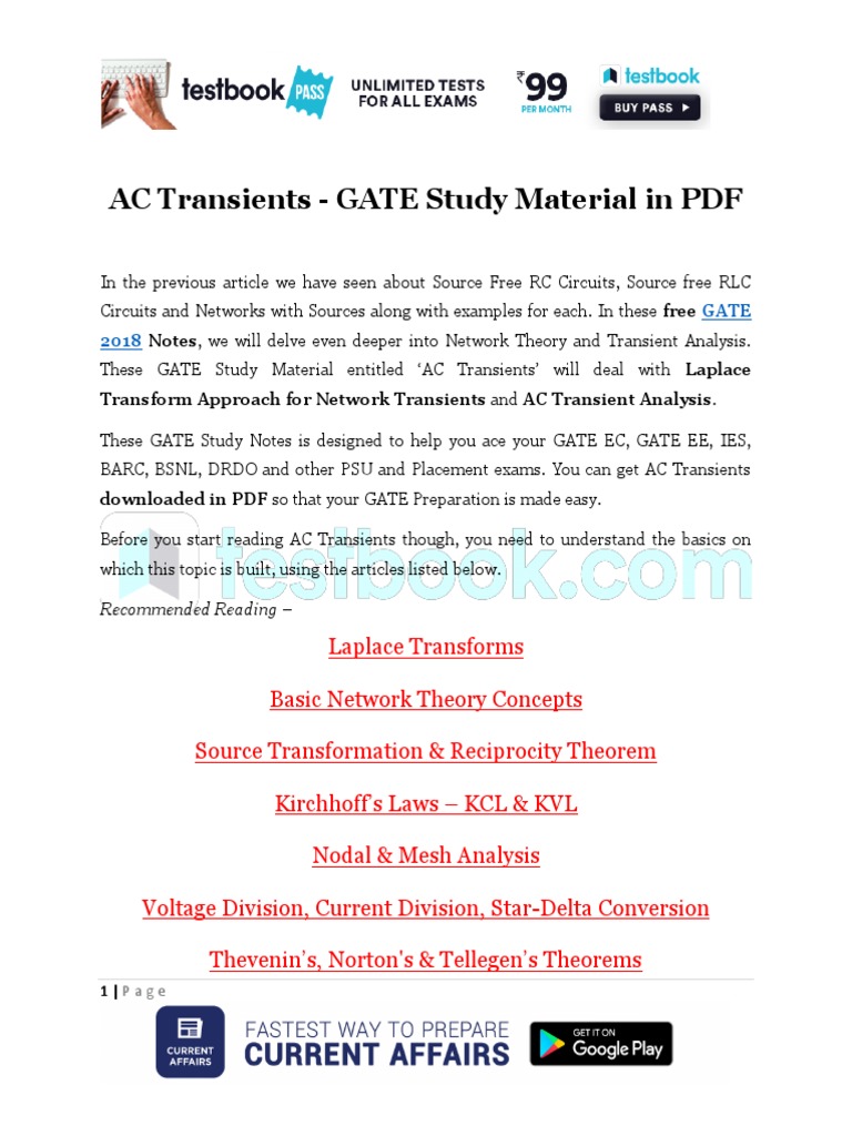 AC Transients - GATE Study Material in PDF | PDF | Electrical Network | Electrical Circuits