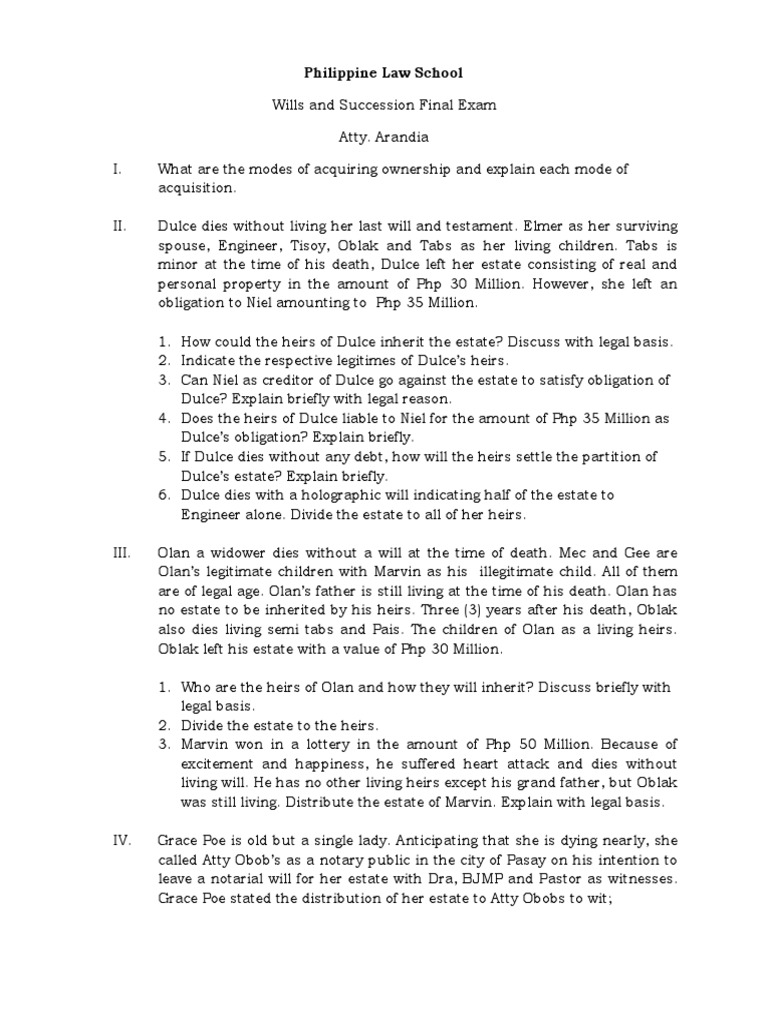 Wills and Succession Final Exam Questions | PDF | Will And Testament ...