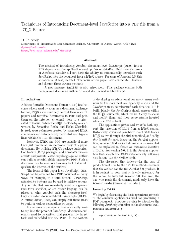 Techniques Of Introducing Document Level Javascript Into A File From A L Tex Source Pdf