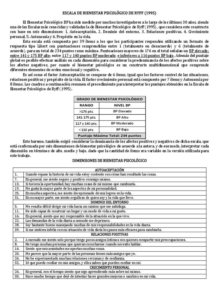 Escala de Bienestar Psicológico de Ryff | PDF | Bienestar | Escala Likert
