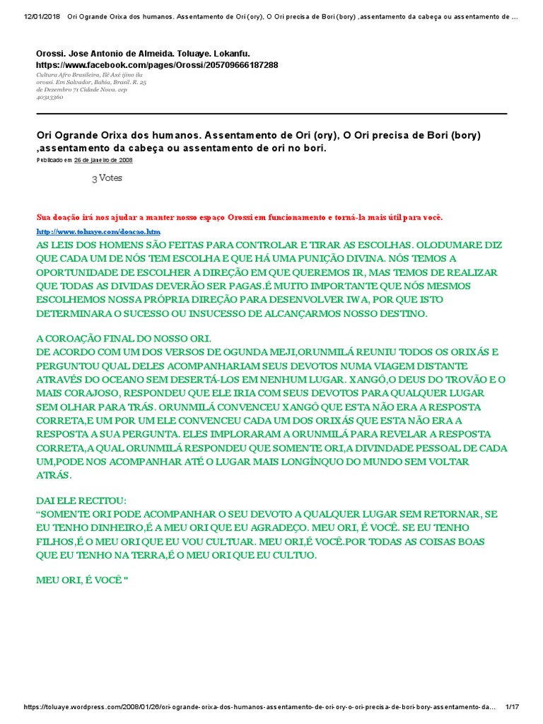 Ori Ogrande Orixa Dos Humanos. Assentamento de Ori (Ory), O Ori Precisa de Bori (Bory ...