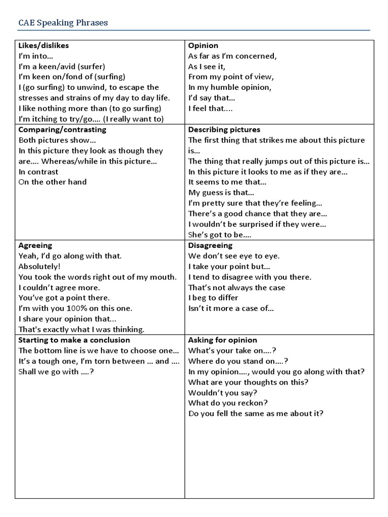 Essential CAE Speaking Phrases Guide | PDF