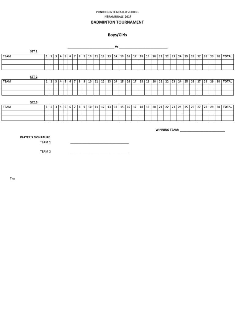 Ponong Integrated School Badminton Tournament Scoresheet Documenting ...