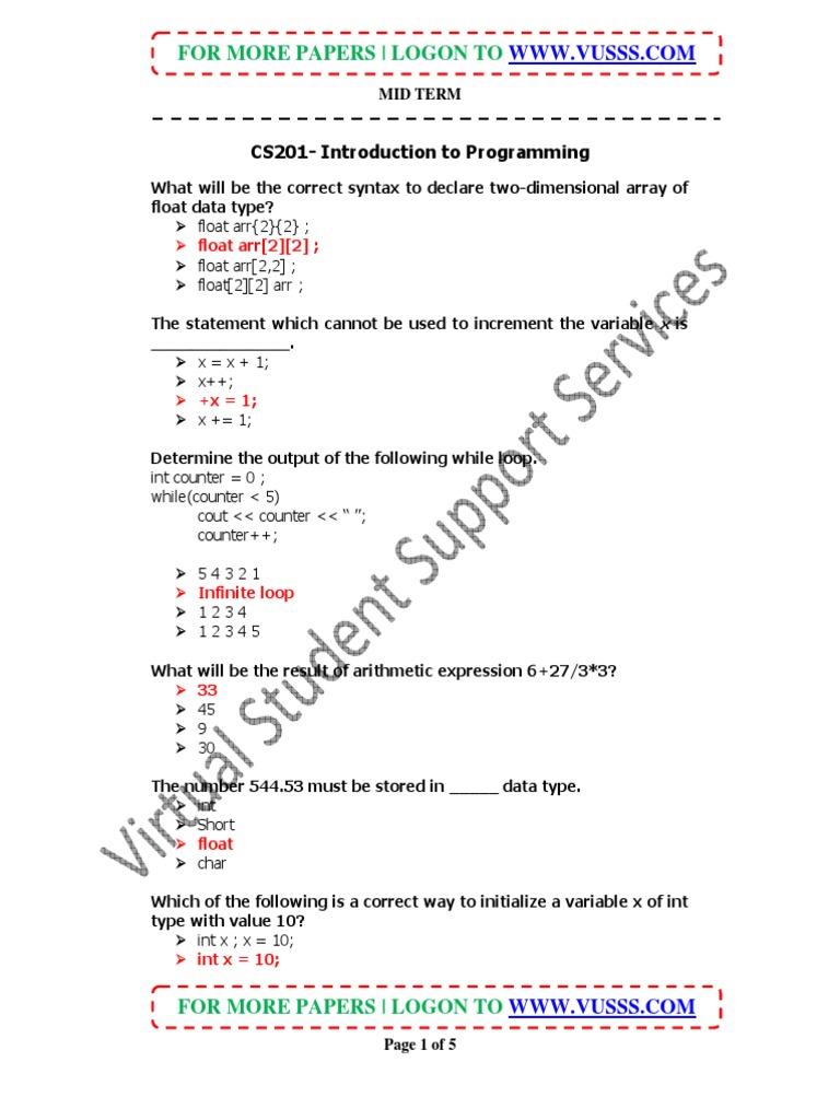 Cs201 Introduction To Programming Solved Mid Term Paper Pdf Pointer