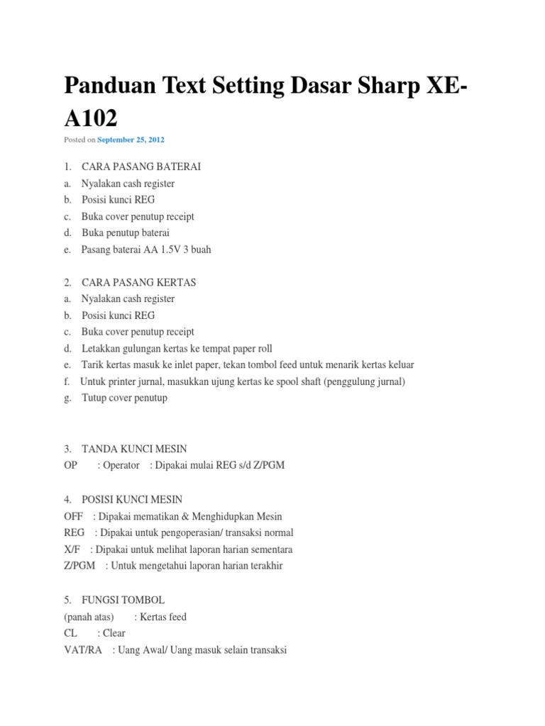 Panduan Text Setting Dasar Sharp XE-A102 | PDF
