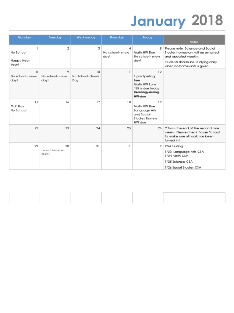 January 2018 Homework and Schedule | PDF | Schools | Educational ...