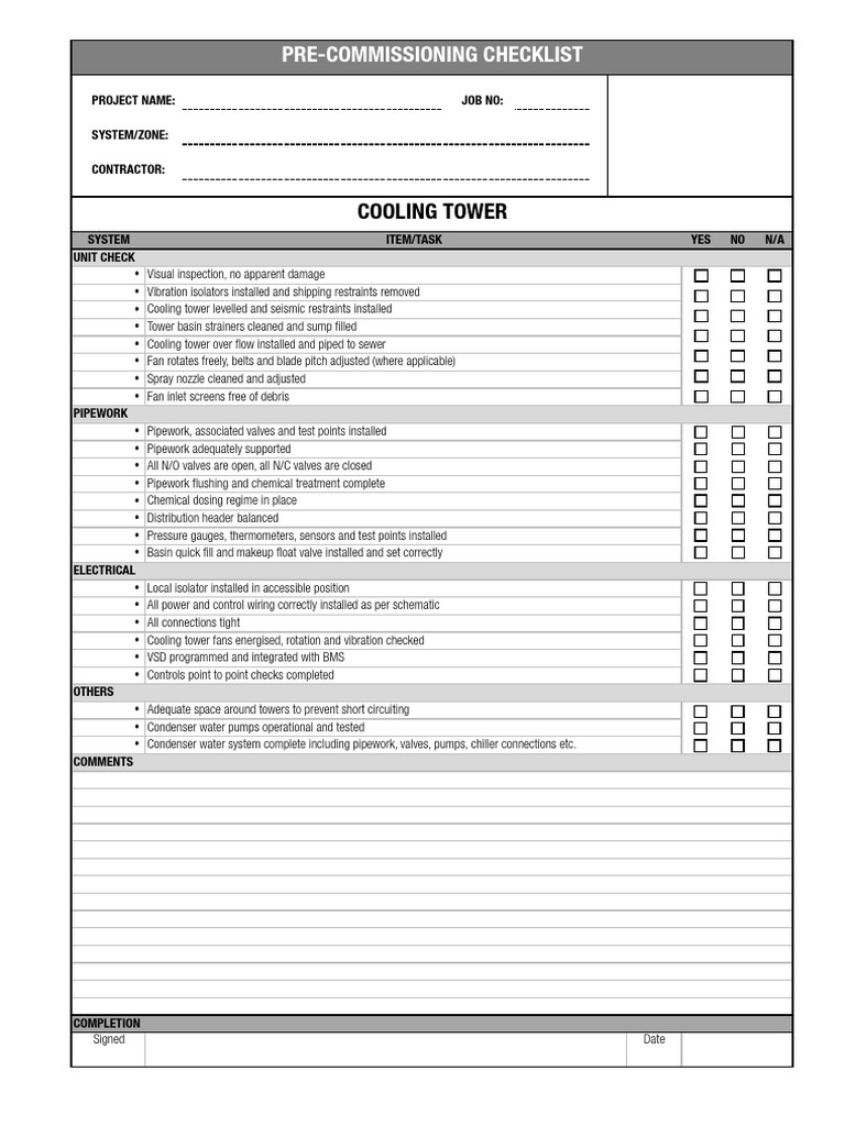 Pre-Commissioning Checklist: Cooling Tower | PDF