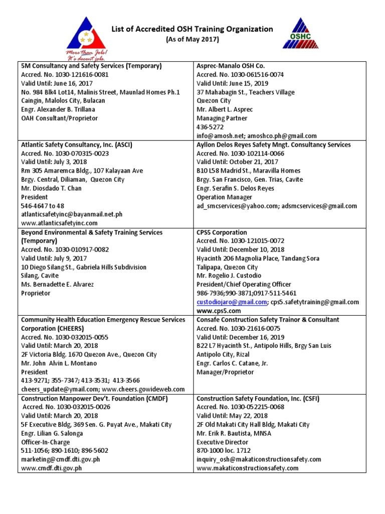 DOLE Accredited OSH Training Centers | Philippines | Business
