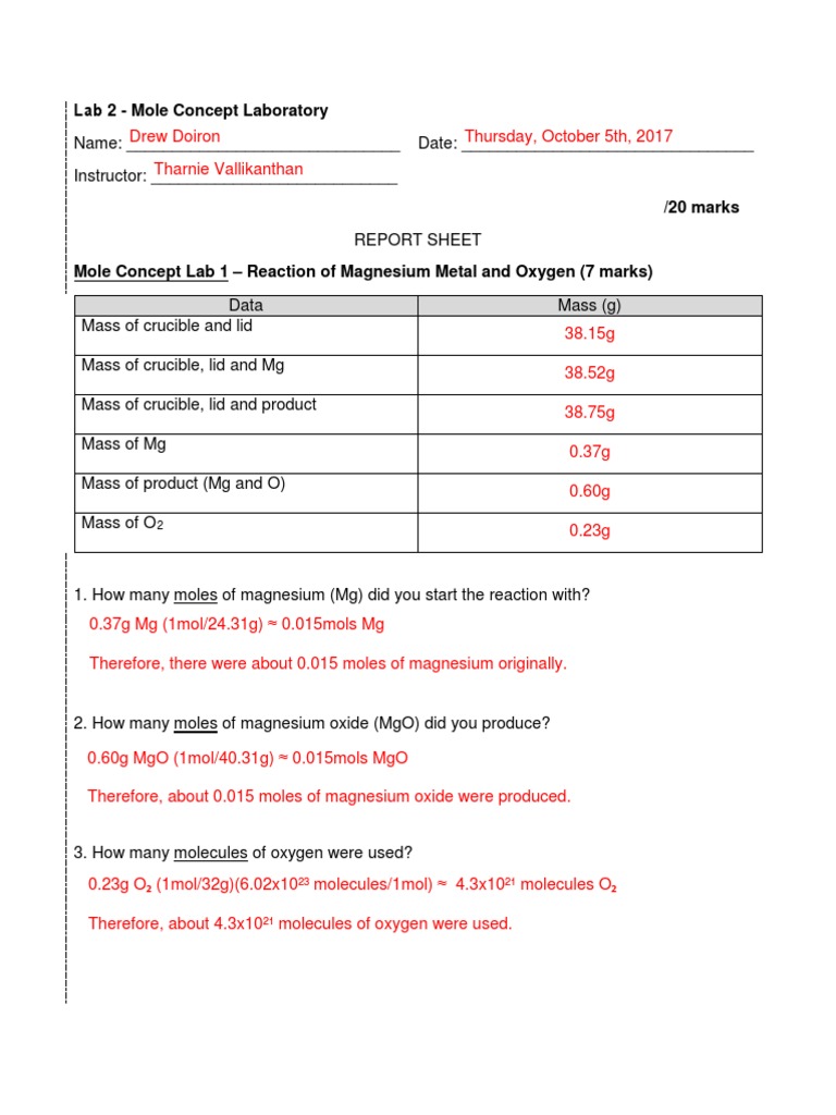 Drew Doiron Lab 2 - Mole Concept Laboratory | PDF | Mole (Unit) | Magnesium