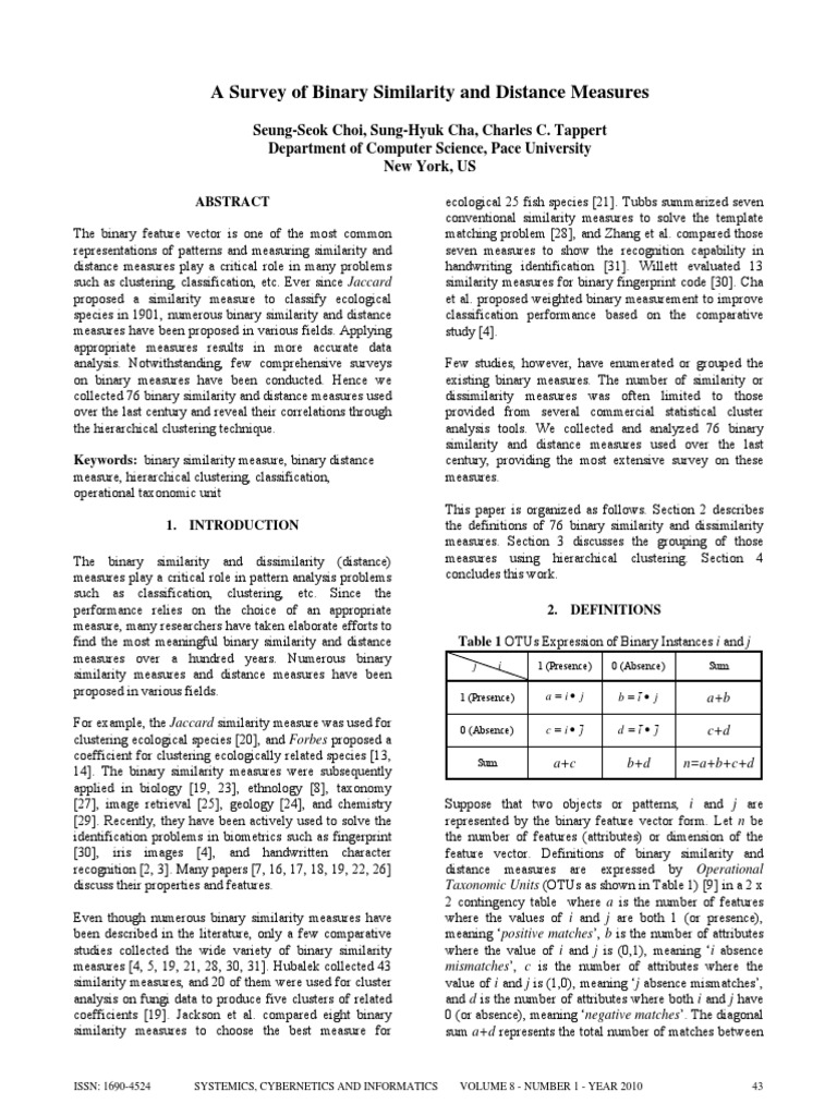 A Survey of Binary Similarity and Distance Measures | PDF | Cluster ...