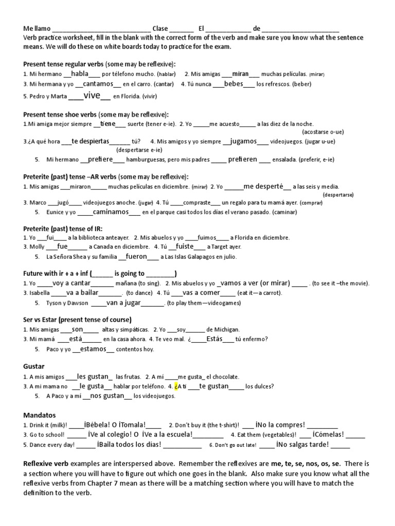 Verb Practice Worksheet For in Class Practice For Exam Key | PDF ...