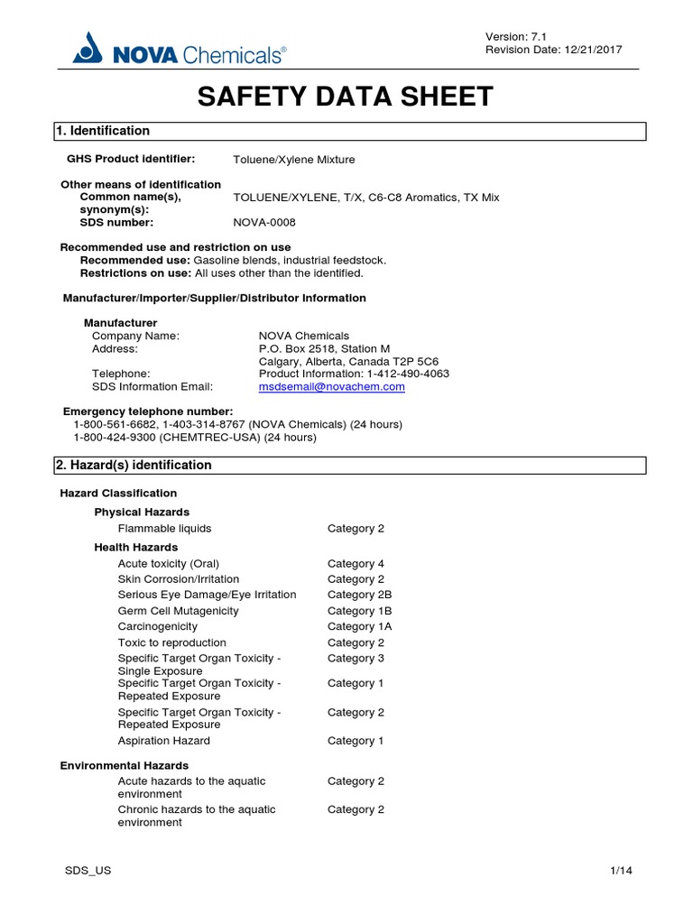 Toluene/Xylene Mixture Safety Data Sheet | PDF | Toxicity | Benzene