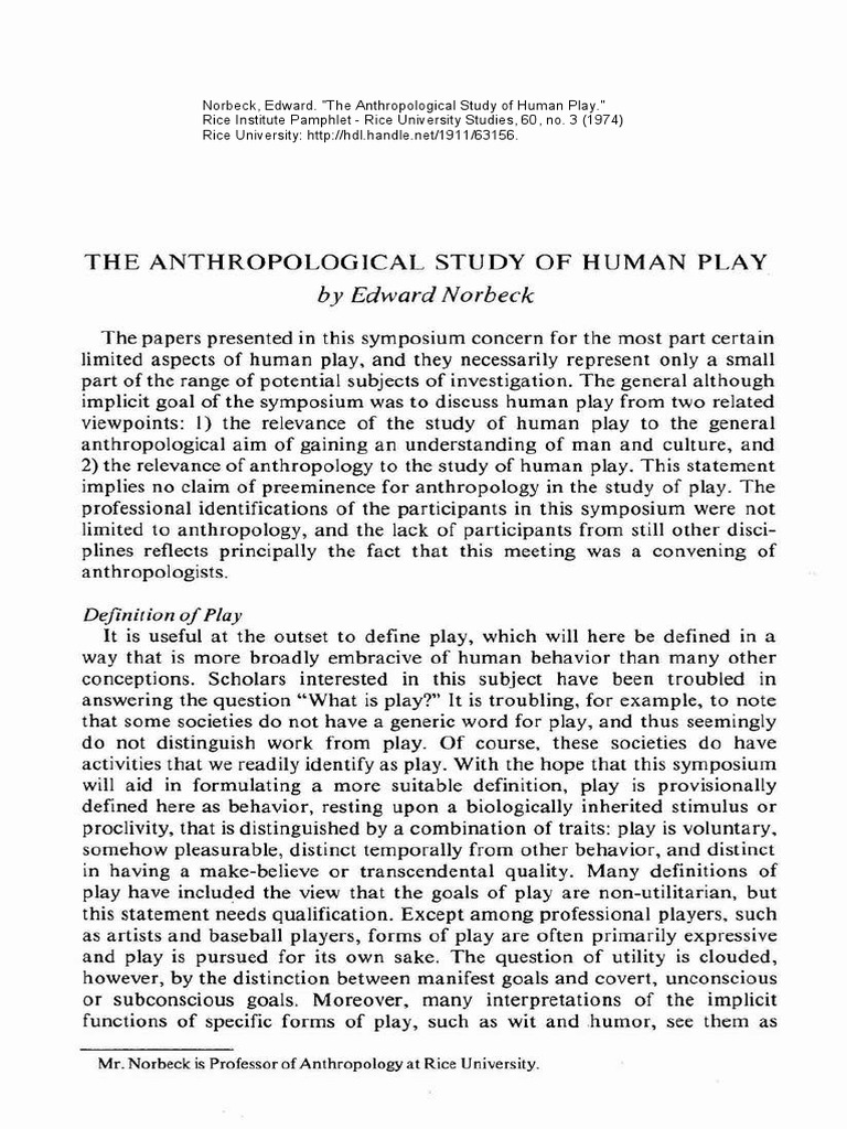 The Anthropological Study O F Human Play: B y Edward Norbeek | PDF ...