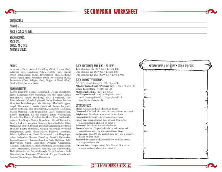 5E CAMPAIGN Worksheet: Characters Players Race / Class / Level ...