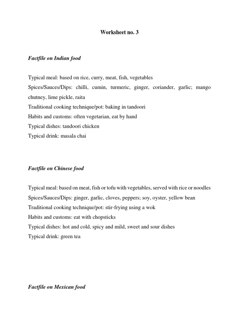 Factfile On Indian Food: Worksheet No. 3 | PDF