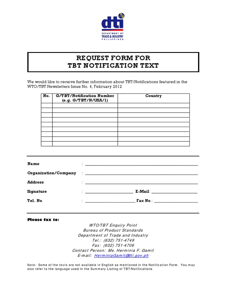 TBT Notification Request Form | PDF | Finance & Money Management