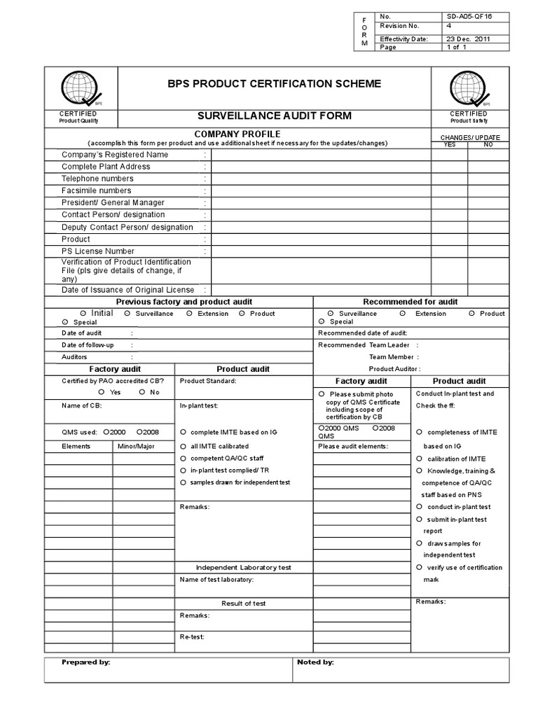 Bps Product Certification Scheme Surveillance Audit Form: Company ...