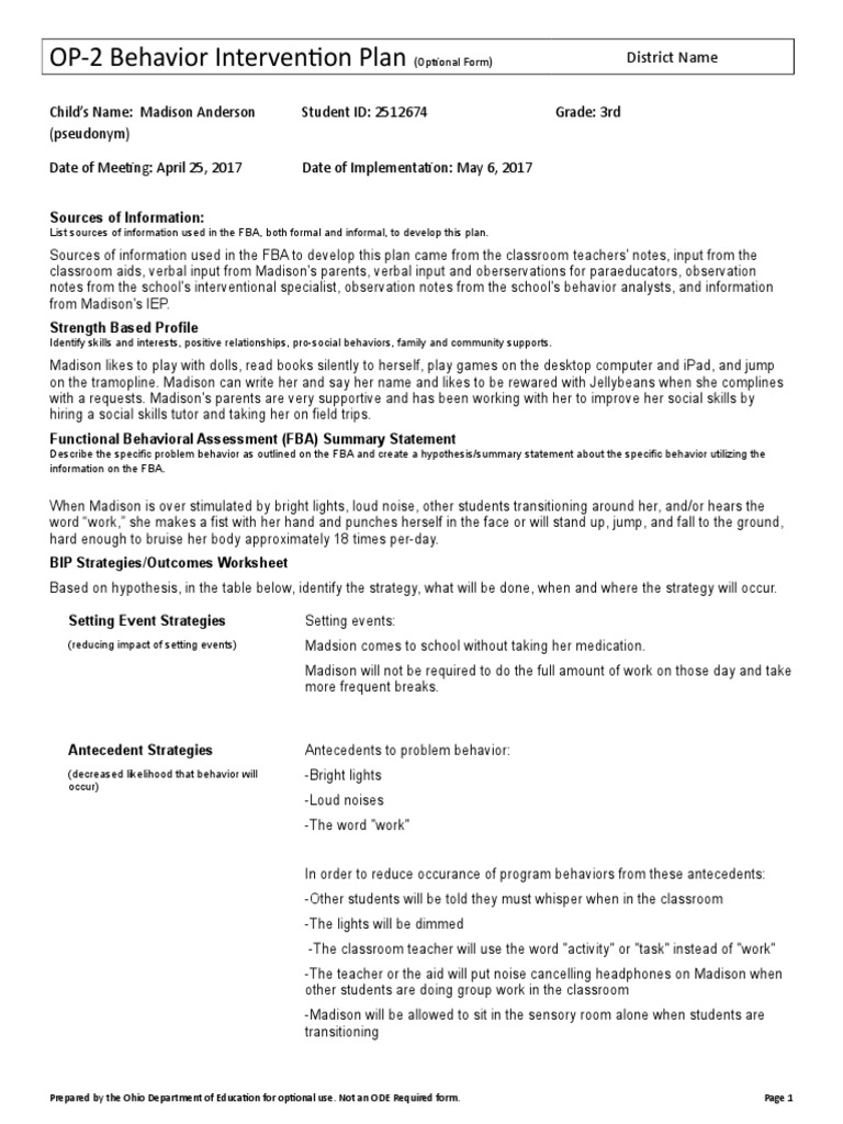 OP-2 Behavior Intervention Plan | PDF | Individualized Education ...