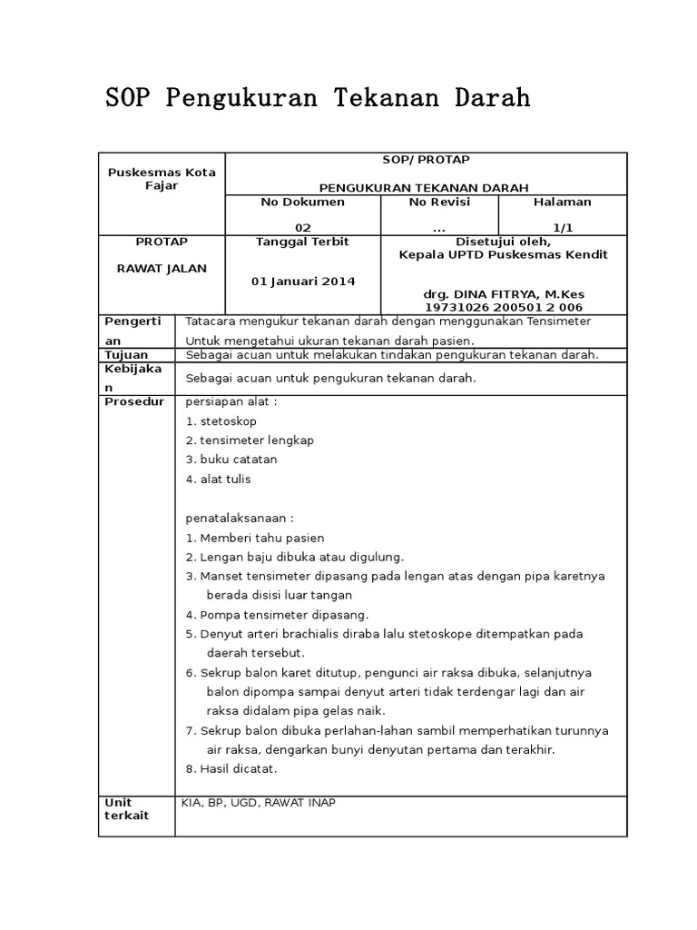 SOP Pengukuran Tekanan Darah | PDF