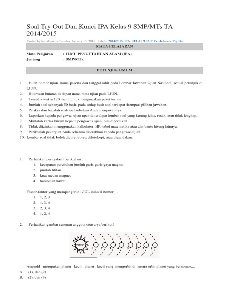 Soal Try Out Dan Kunci IPA Kelas 9 SMP | PDF