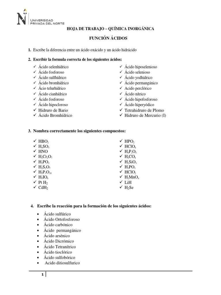 Hoja De Trabajo Sobre La Denominación De ácidos: Respuestas