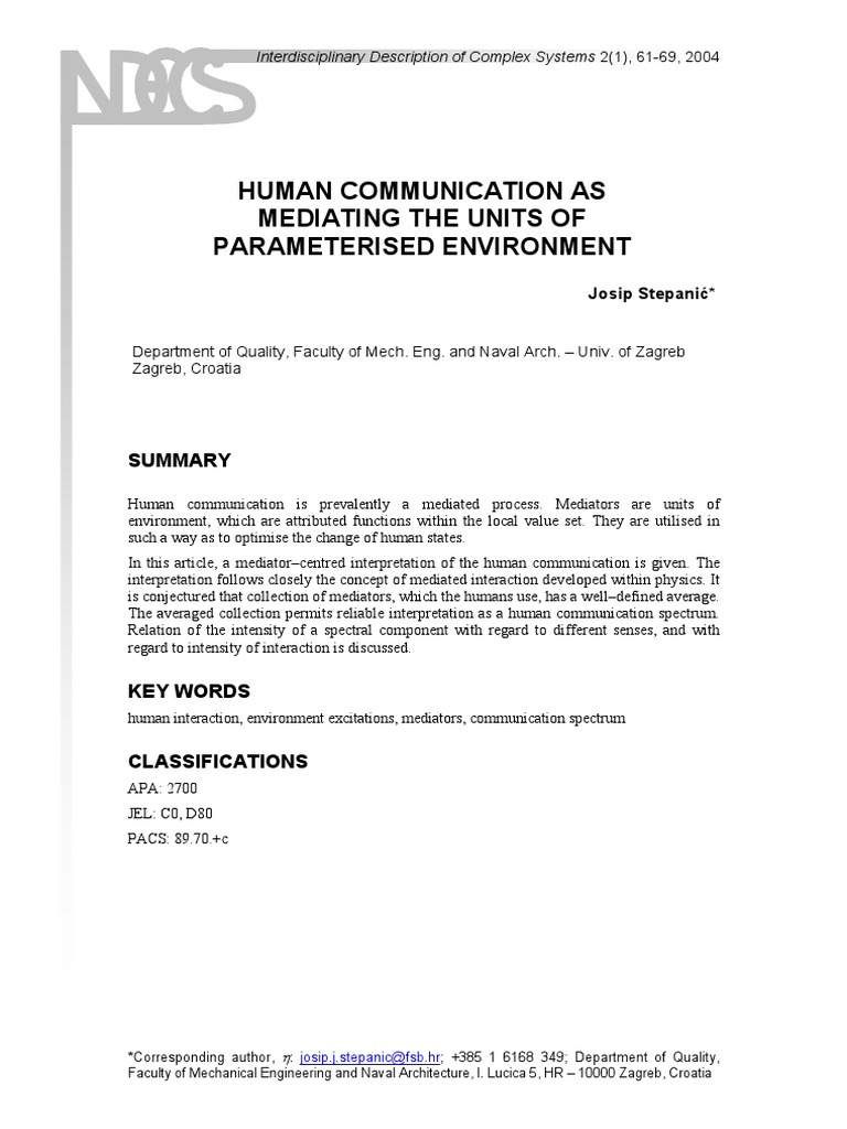 Human Communication As Mediating The Units of Parameterised Environment ...