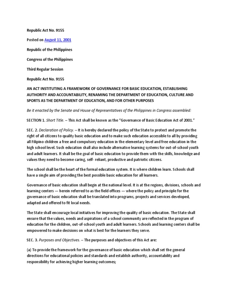 RA No 9155 Governance of Basic Education Act of 2001 | PDF | Governance ...