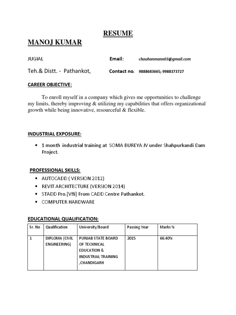 Resume Manoj Kumar: Teh.& Distt. - Pathankot | PDF