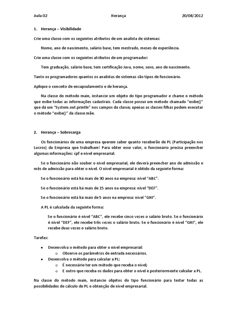 Exercícios de Sobrescrita e Sobrecarga | PDF | Classe (programação de ...