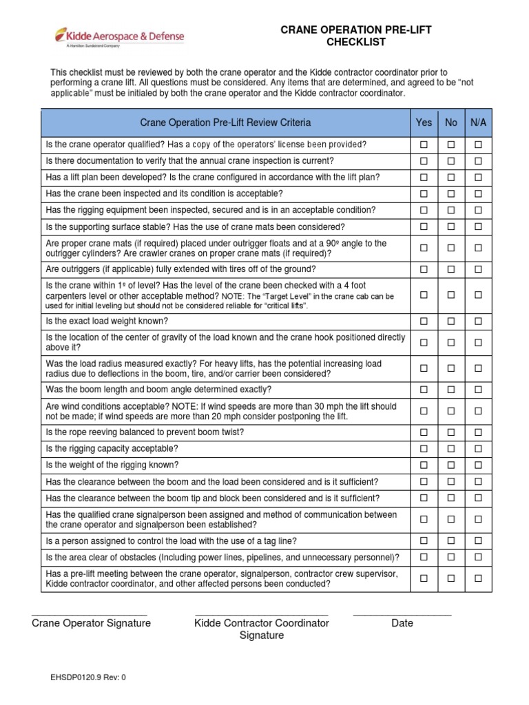EHSDP0120.9 Crane Operation Pre-Lift Checklist | PDF | Crane (Machine ...