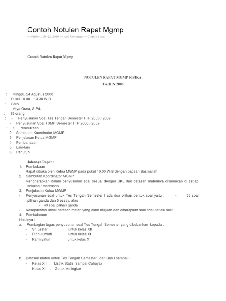 Contoh Notulen Rapat MGMP | PDF