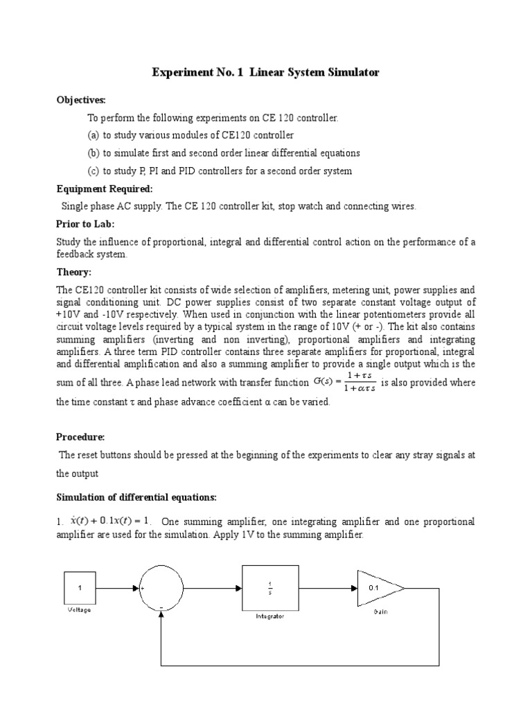 Experiment No. 1 Linear System Simulator | PDF | Amplifier | Control Theory